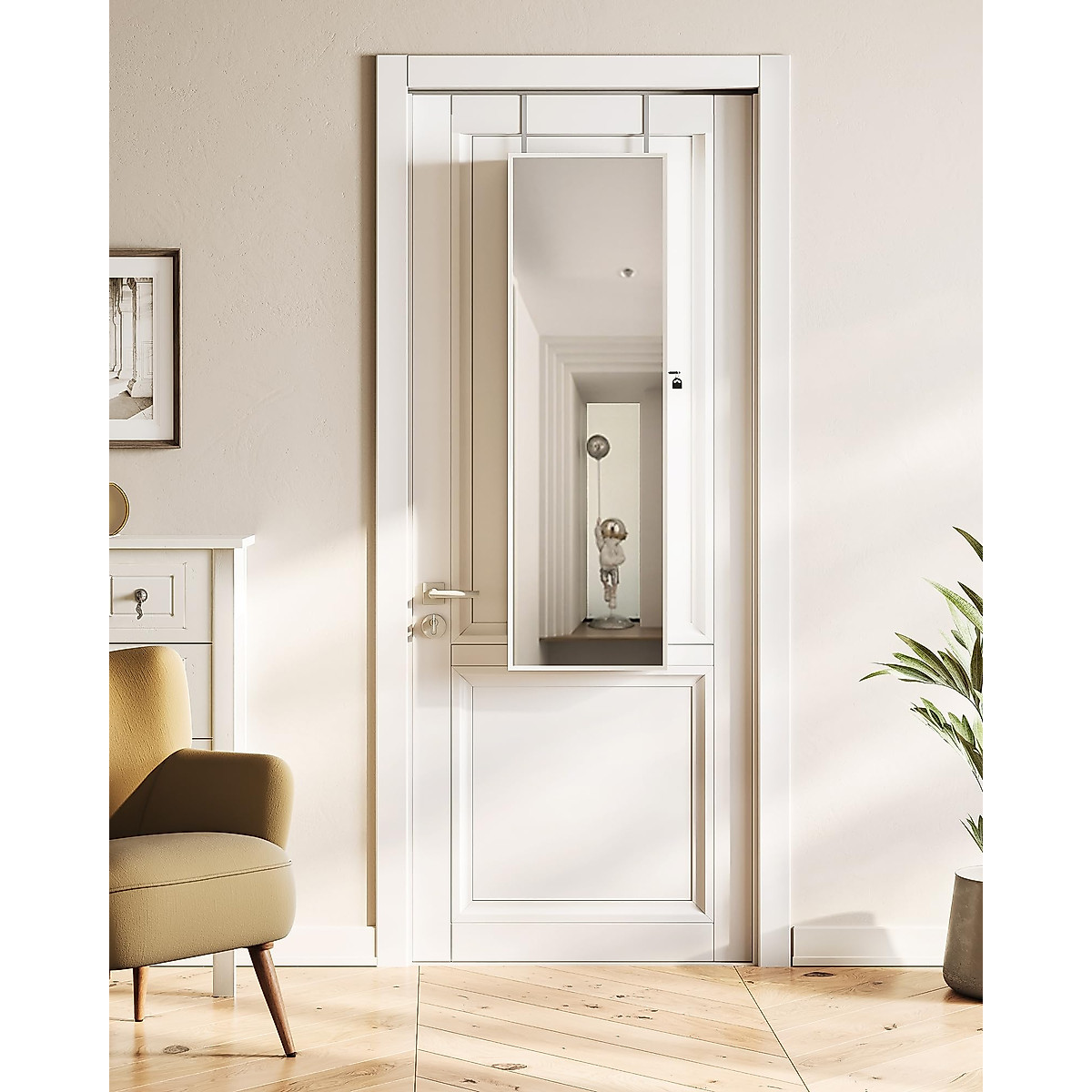 Hzuaneri 8 LEDs Mirror Jewelry Cabinet, 47.2-inch Jewelry Armoire Organizer, Wall/Door Mount Lockable Storage Cabinet with 6 Earrings Shelves, 2 Makeup Pockets, White and Black JC12003B