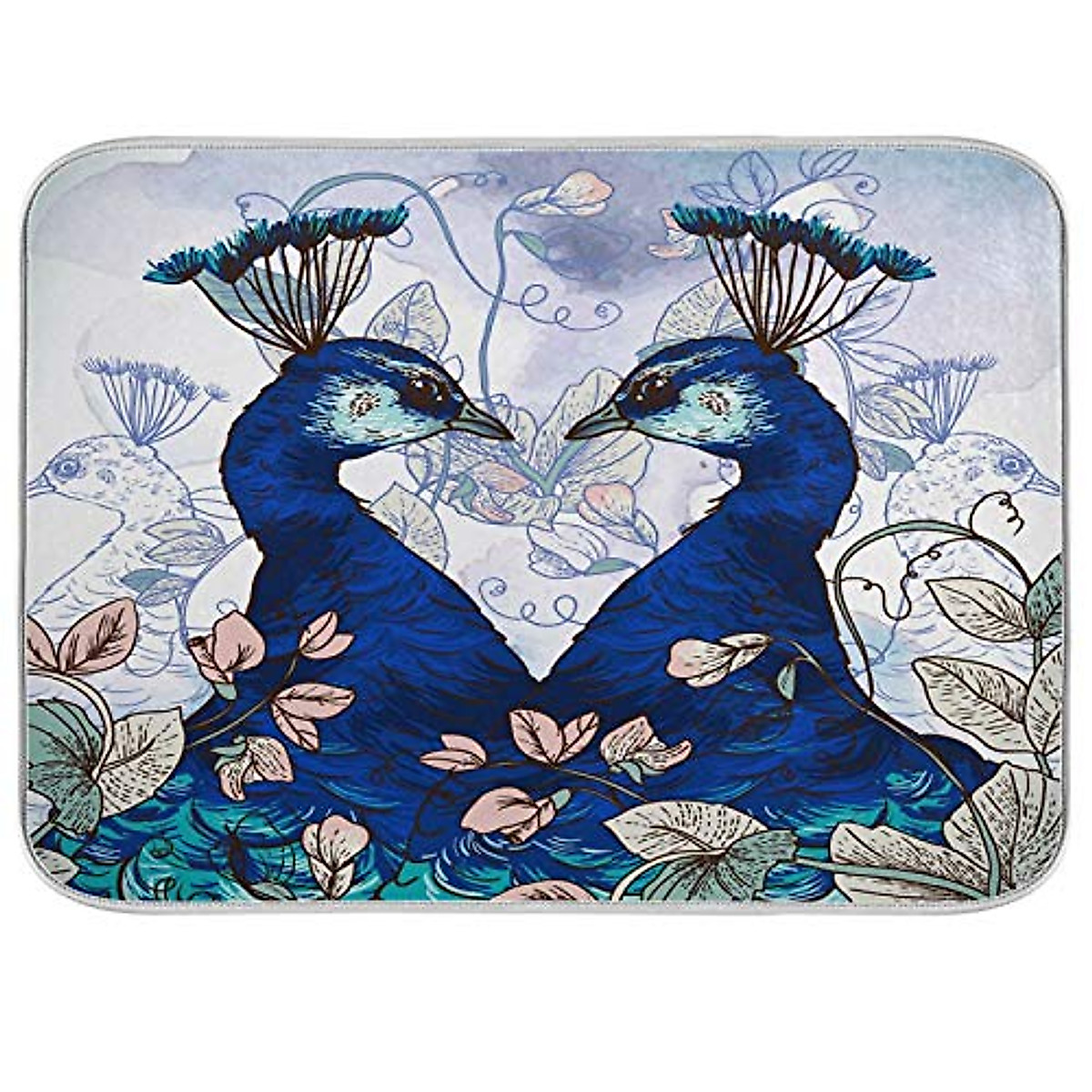 Painting Lovely Heart Peacock Dish Drying Mat 16"x18" Absorbent Machine Washable Hanging Fast Dry Pad Dish Protective Mat for Kitchen Countertop Heat Resistant Dinner Table Mat