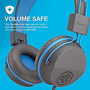 JLab JBuddies Studio On-Ear Kids Wired Headphones | Toddler Headphones | Kid Safe | Studio Volume Safe | Volume Limiter | Folding | Adjustable | Noise Isolation | with Mic (Graphite/Blue)