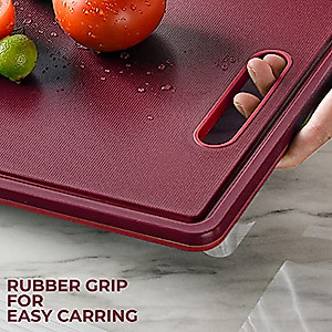 Linoroso Cutting Boards for Kitchen with Defrosting Tray Set of 3, Dishwasher Safe Plastic Cutting Board with Deep Juice Grooves, Non-Slip Durable Chopping Boards for Meat, Veggies, Fruits - Red