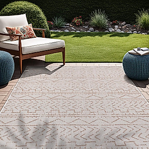 Beverly Rug Waikiki Indoor Outdoor Rug 6x9, Washable Outside Carpet for Patio, Deck, Porch, Trellis Area Rug, Water Resistant, Beige - White