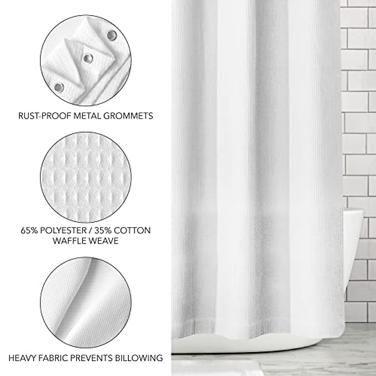 mDesign Waffle Knit - Long Cotton Blend Shower Curtain - Spa Quality, Luxury, Solid Color Cloth Shower Curtains for Bathroom - Hyde Collection, 72" x 72" - White