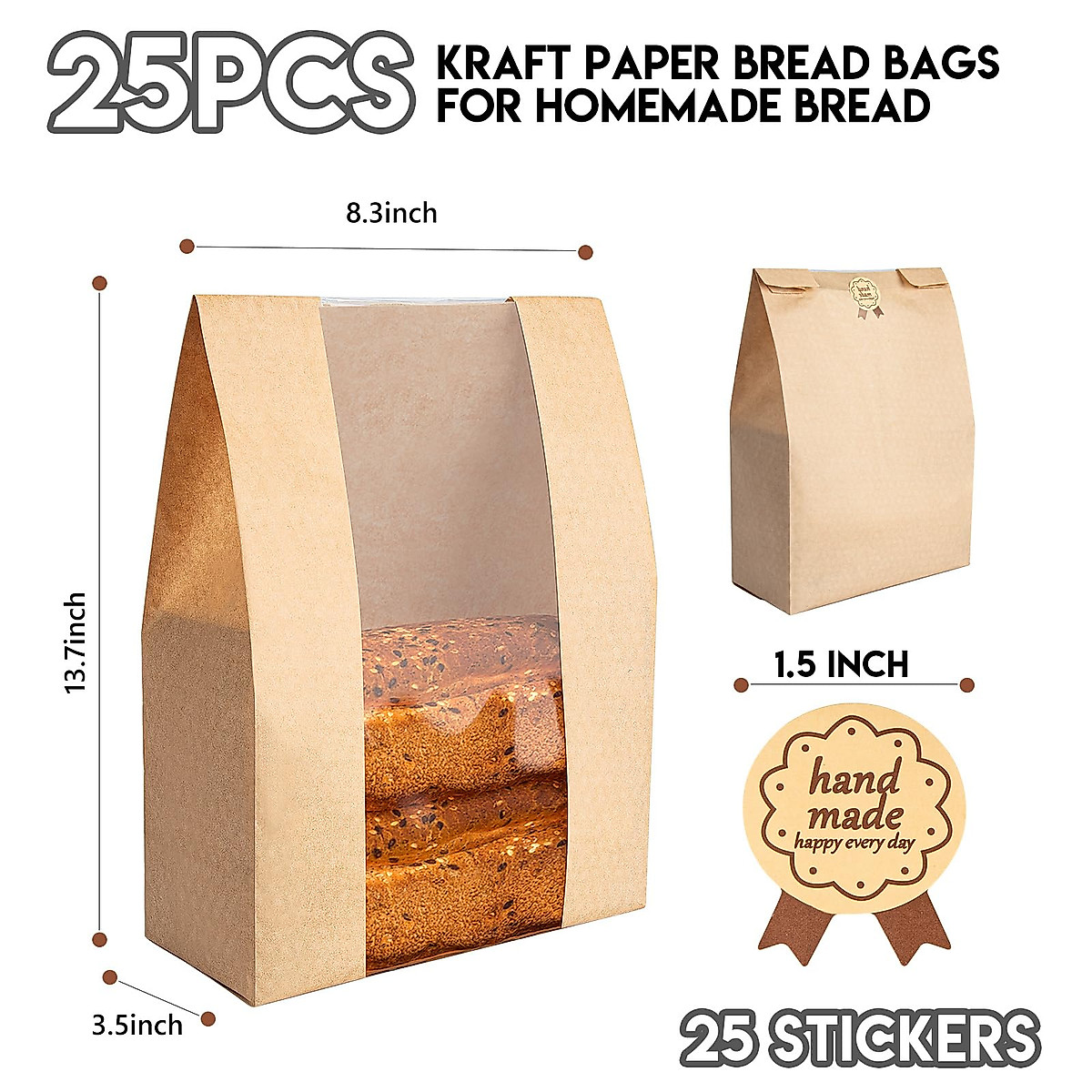 Bread Bags for Homemade Bread Sourdough 25Pcs - Kraft Paper Bakery Bags for Food Packing Storage with Label Seal Stickers (13.7 x 8.3 inch) Loegnry