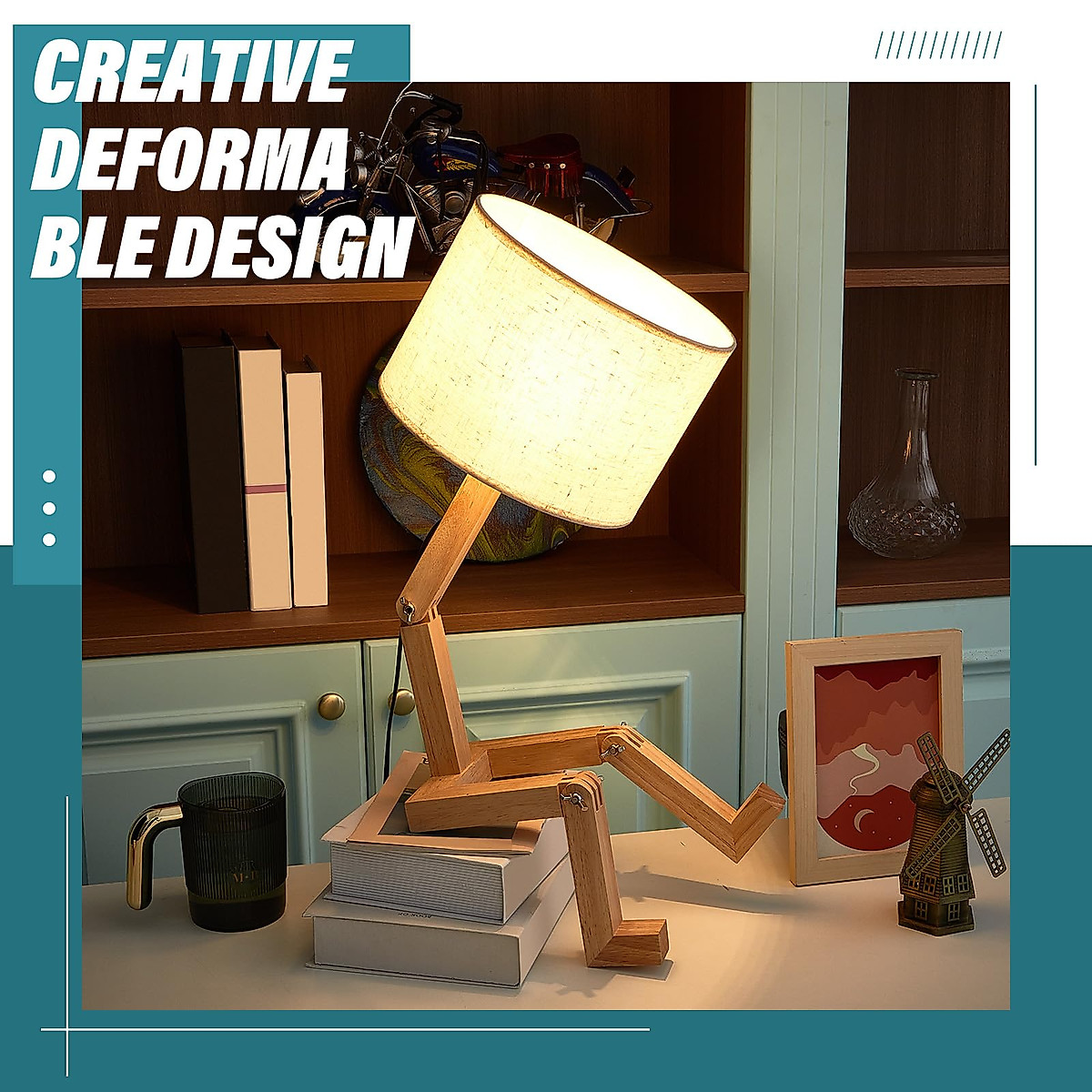 Kittmip Robot Cute Desk Lamp Novelty Wooden Creative Table Lamp with Wood Base Adjustable Shape Bedside Fun Funky Lamp Reading Wood Lamp DIY Fun Robot Lamp for Bedroom, Office, Study Desk, Kids Room