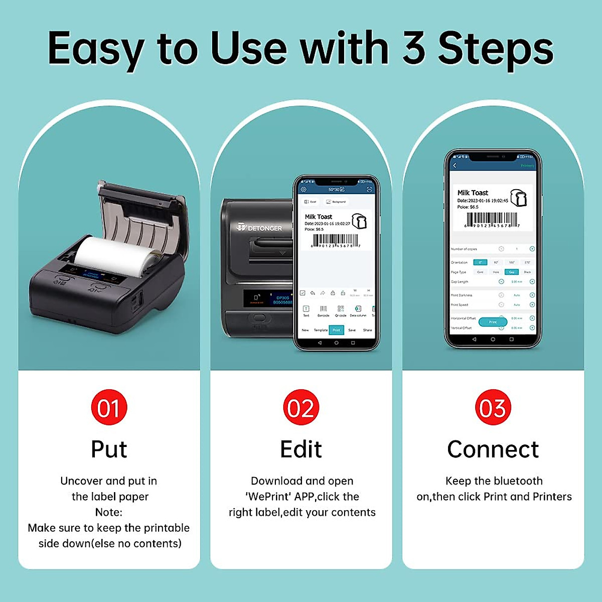 Thermal Label Maker DETONGER DP30S 3inch75mm Portable Bluetooth Address Label Maker with 1 Pack 50x30mm Label Sticker for Office Organization Commercial Use Barcode Label Compatible with Android & iOS
