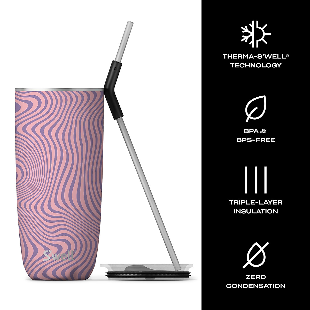 S'well Stainless Steel Tumbler with Straw and Slide-Open Lid, 24oz, Lavender Swirl, Triple Layered Vacuum Insulated Containers Keeps Drinks Cold for 18 Hours and Hot for 5, BPA Free