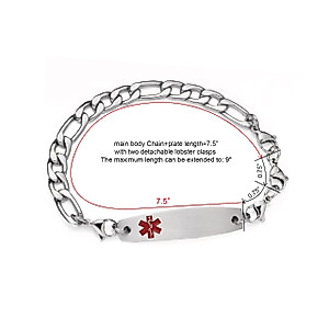 mnmhope 7.5"-9" Adjustable Medical alert bracelets for Women/Men Stainless steel Interchangeable Medical bracelets (with customize engraved-Figaro Chain)