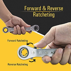 AZUNO 6 pcs Double Offset Box End Reversible Ratcheting Wrench Set, Metric, Ratchet Spanner Crooked for Narrow Spaces
