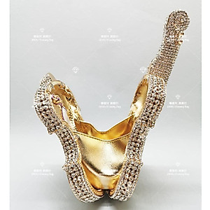 Luxury Glitter Clutch Purse Guitar Crystal Bling Evening Bags for Women Shining Shoulder Bags Crossbody Bags (Light Golden)