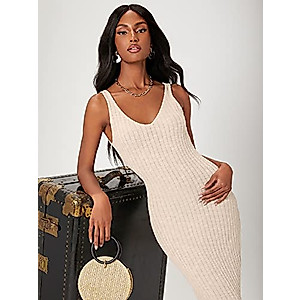 SheIn Women's Ribbed Knit Tank Bodycon Maxi Dress Basic V Neck Sleeveless Long Pencil Dresses Beige Small