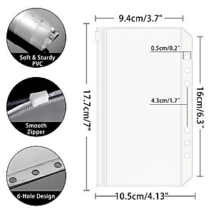 HAUTOCO 15PCS A6 6-Holes Binder Pockets Clear PVC Binder Envelopes Zipper Binder Pouches for A6 Notebook Binder, Waterproof Cash Budget Envelopes