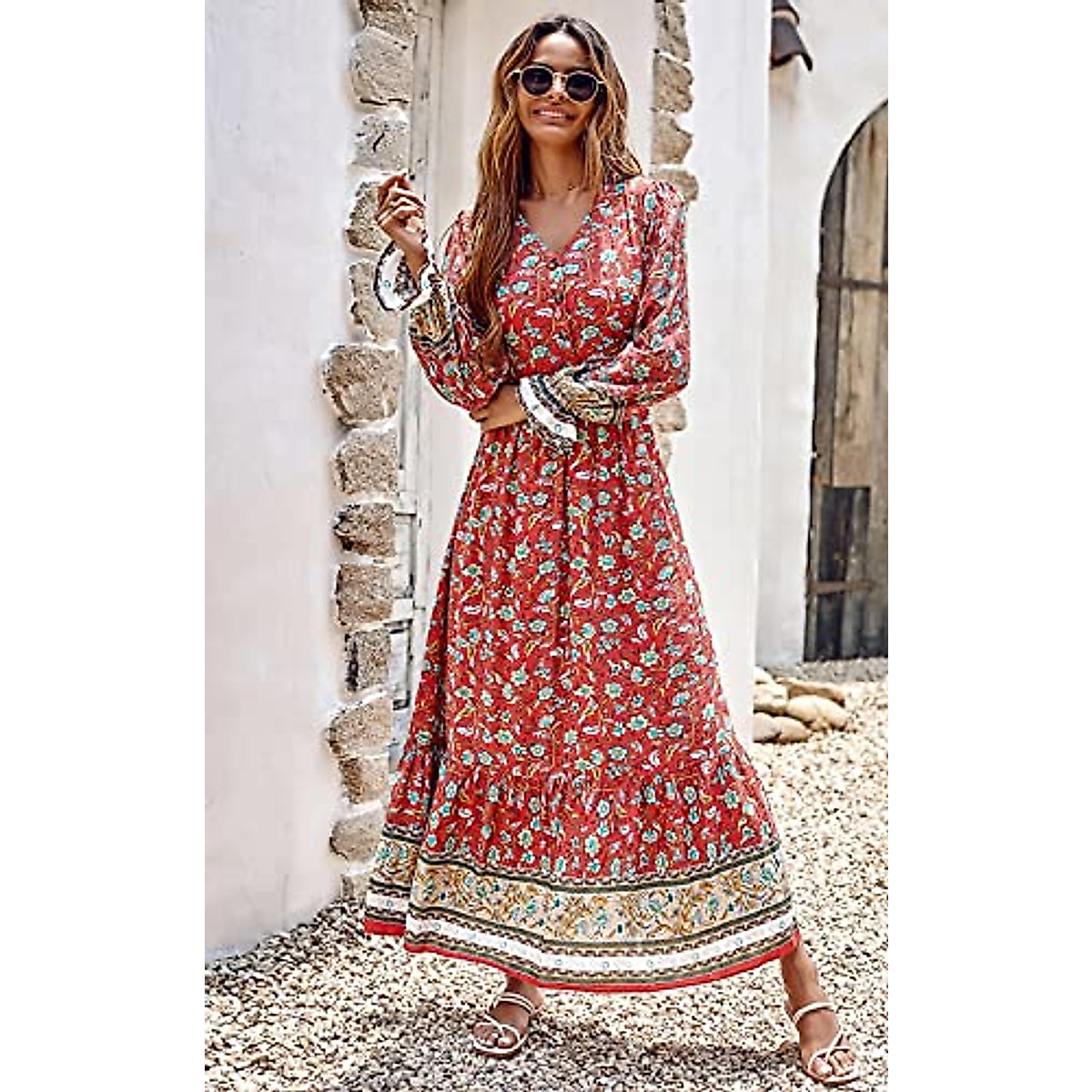 PRETTYGARDEN Women's Long Sleeve Floral Dress - V-Neck Casual Boho Fall Long Maxi Dresses for Wedding Guest (Red,Medium)