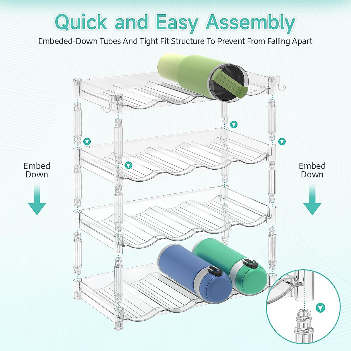 PouHenier.jh 4 Tier Large Water Bottle Rack Organizer for Cabinet, Stackable Tumbler Storage Organization Holder with 2 Hooks for Kitchen Countertop and Refrigerator, Compatible with 40 oz (Hold 16)