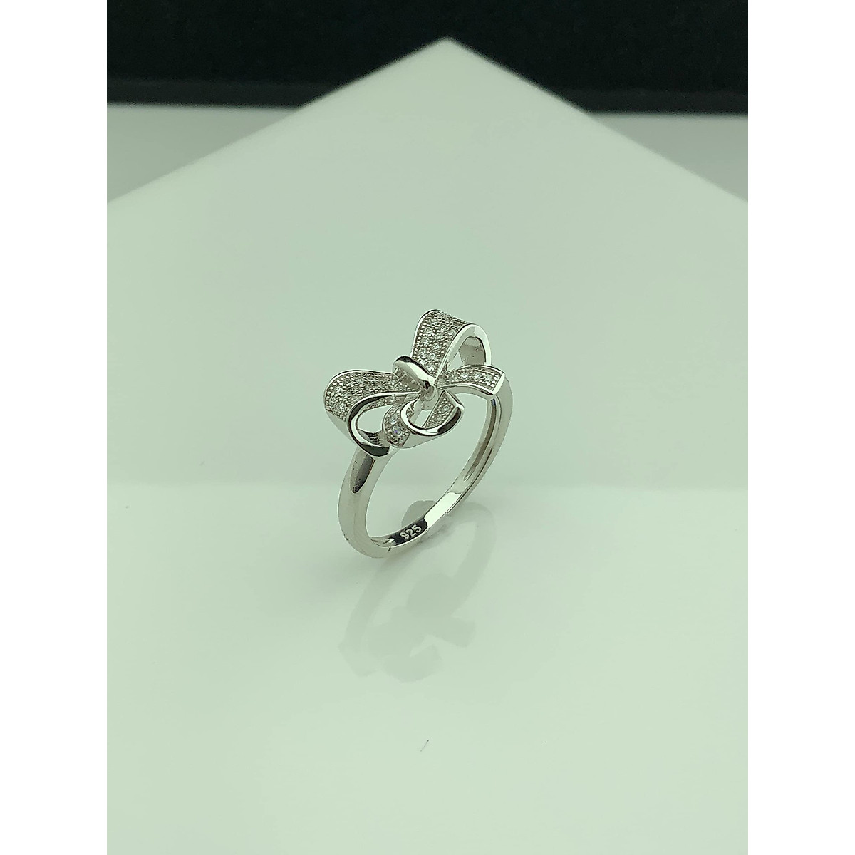 SILVERCLOSEOUT Rhodium Plated Sterling Silver Womens Cz Cubic Zirconia Bow Ring - Size 8