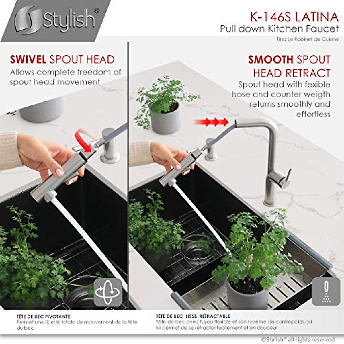 STYLISH Modern Kitchen Sink Faucet Single Handle Pull Down Dual Mode 100% Solid Stainless Steel Brushed Stainless Steel Finish, K-146S