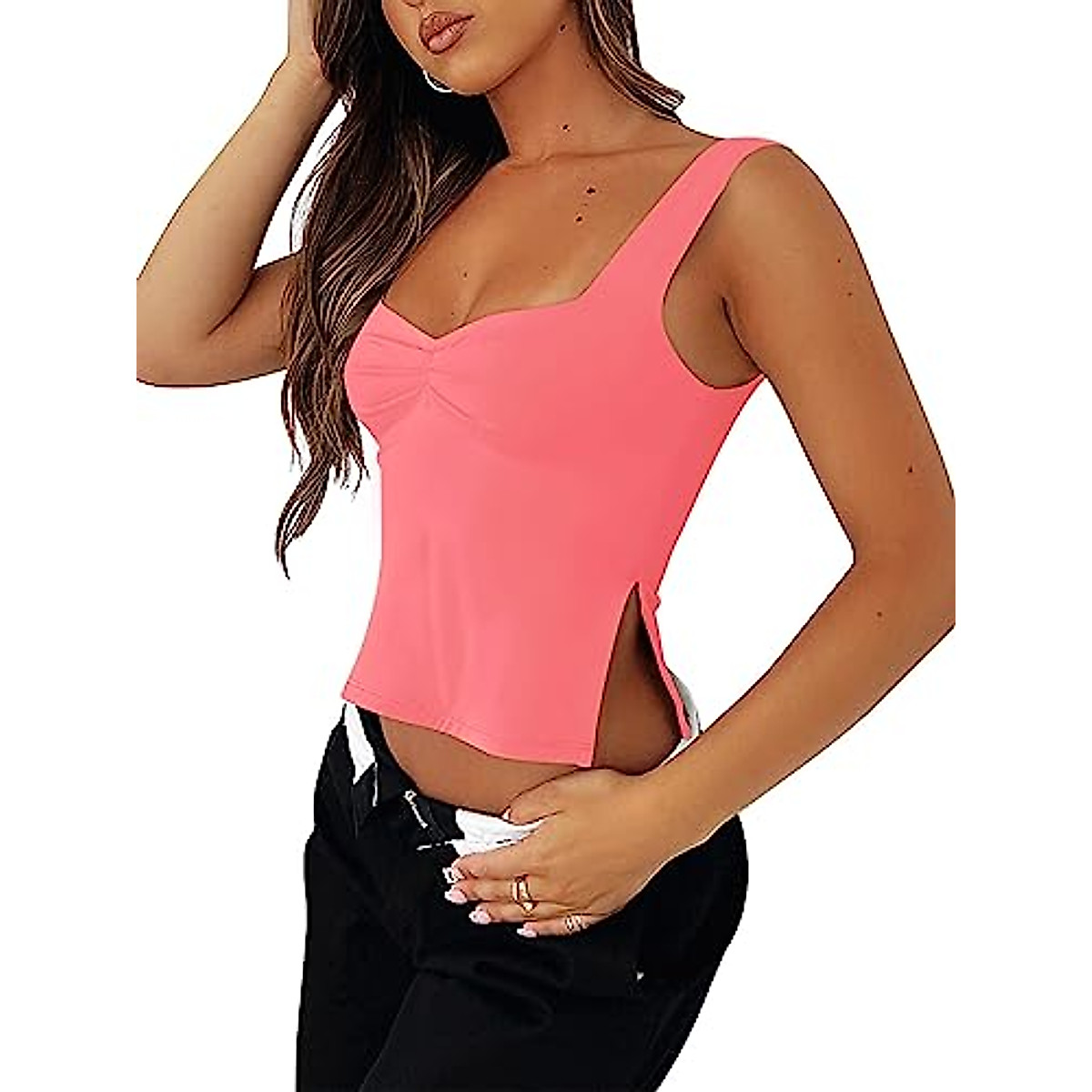 REORIA Women's Sexy Square Neck Ruched Double Lined Split Y2K Tank Crop Tops Peach Pink Small