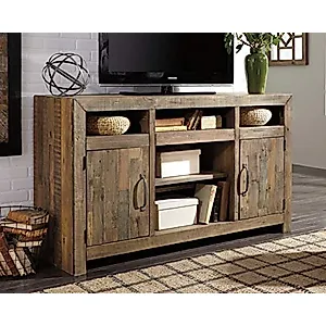 Signature Design by Ashley Sommerford Rustic Solid Pine Wood TV Stand Fits TVs up to 60", 2 Cabinets, 3 Storage Cubbies, 2 Adjustable Shelves, Brown