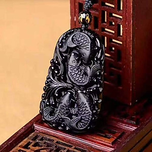Natural black obsidian Amulet dragon head fish koi pendant bead necklace with bead chain for women or men (fish)