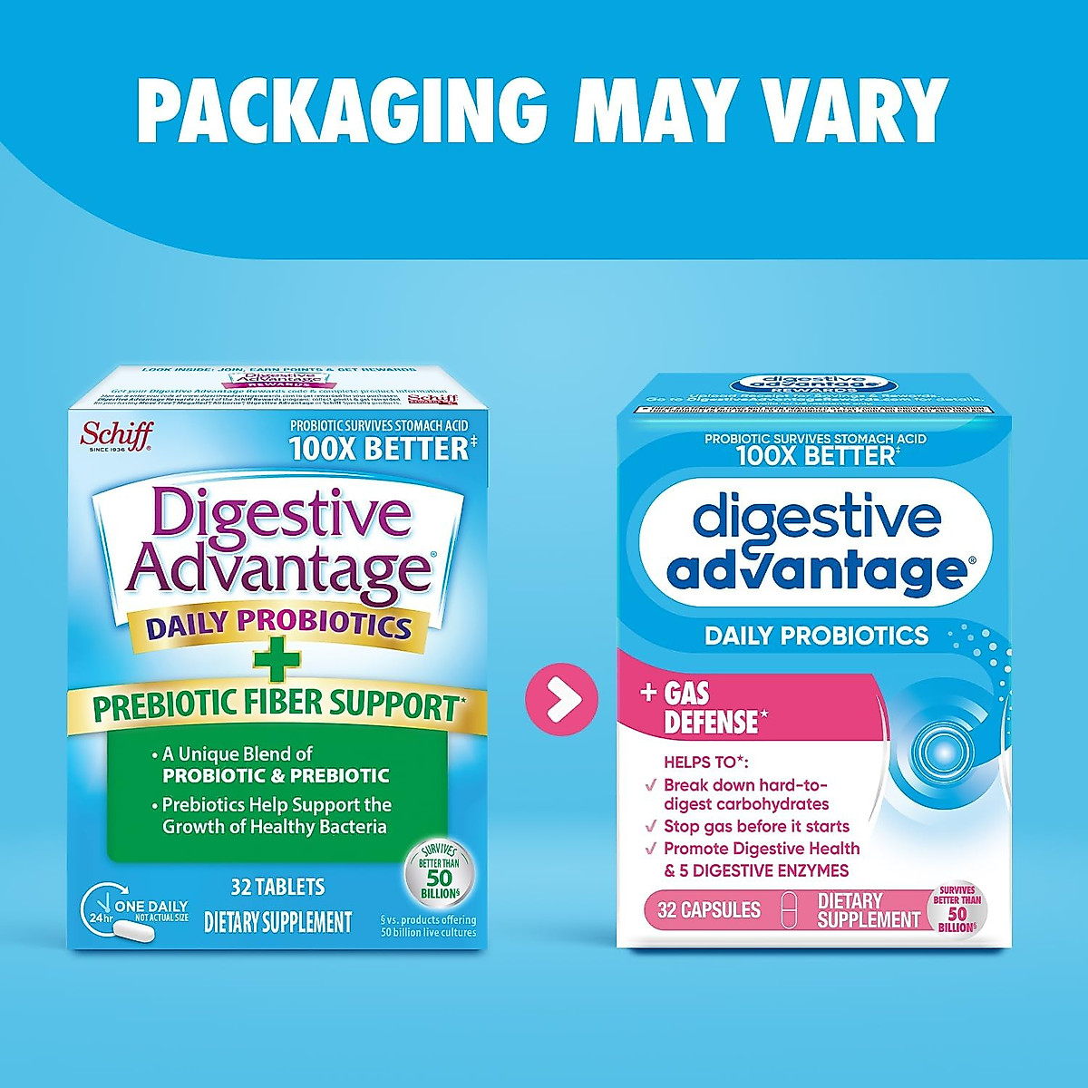 Digestive Advantage Fast Acting Enzymes + Daily Probiotic Prevent Gas & Break Down Food Particles 32 Count Capsules (2 Pack)
