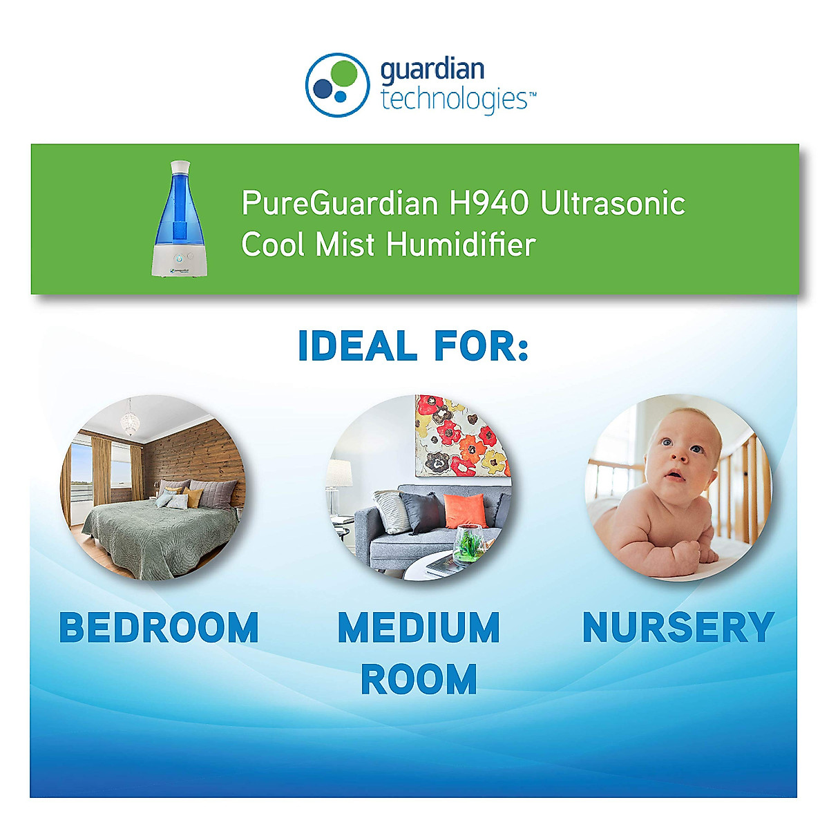 PureGuardian Ultrasonic Cool Mist Humidifier, 30 Hrs. Run Time, 0.5 Gal. Tank Capacity, 350 Sq. Ft. Coverage, Small Rooms, Quiet, Filter Free, Silver Clean Treated Tank, H940AR