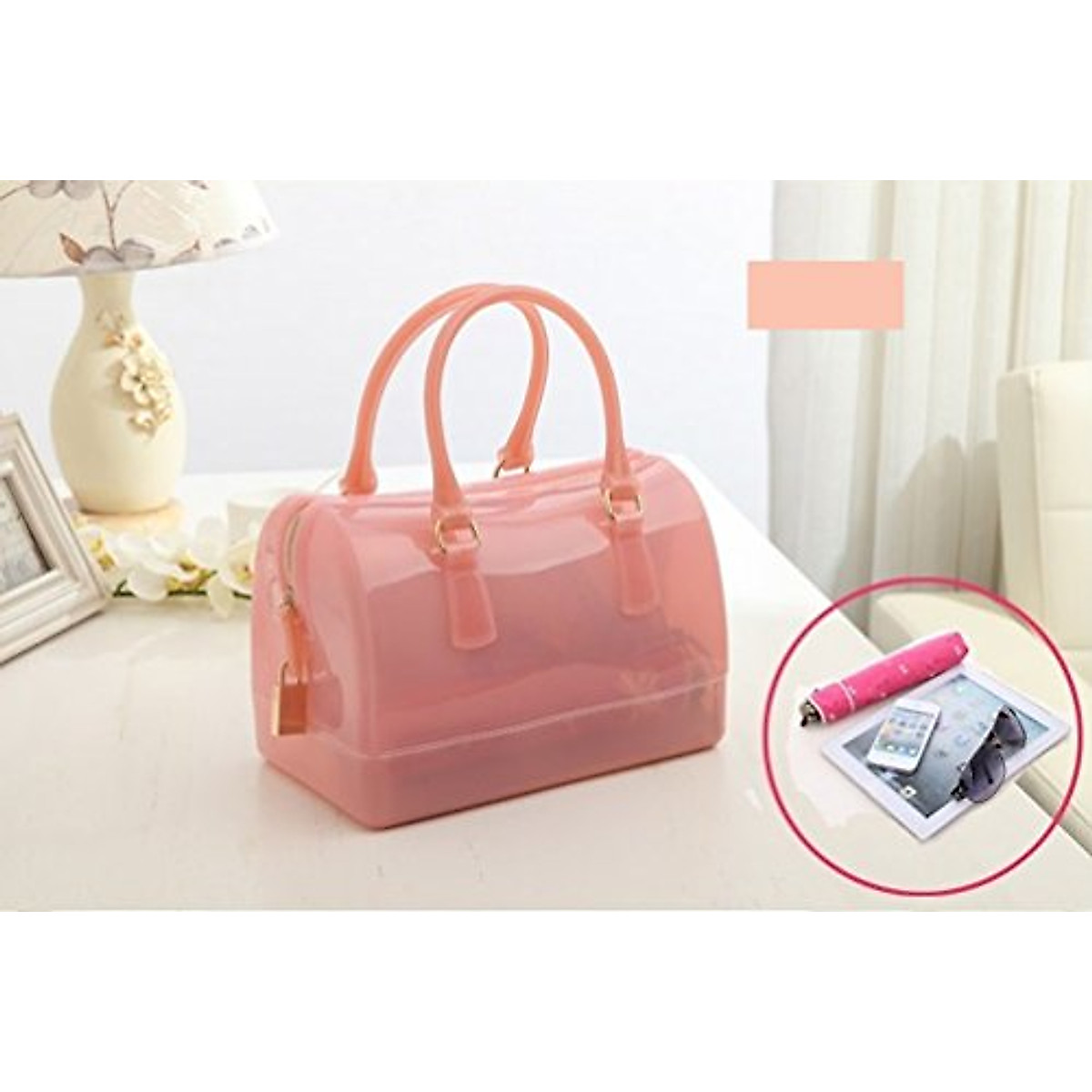 Ladies Summer Jelly Pillow-shaped Top Handle Handbag Candy Color Transparent Crystal Purse (Pink)