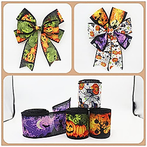 4 Rolls 2.5 Inches Halloween Wired Ribbons for Craft-20 Yards Orange Black Purple Halloween Ribbon,Pumpkin Spiders Castles Cobwebs Bats Witches Printed Ribbon for Wreath Decor Bow Making Home Decor