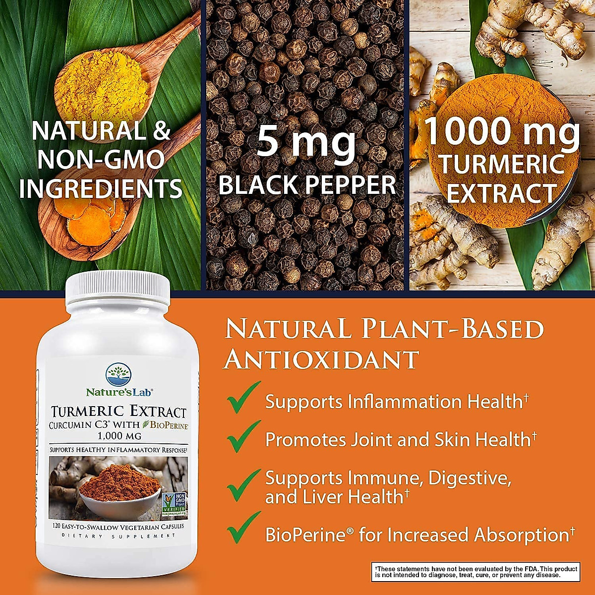 Nature's Lab Turmeric Curcumin C3 Complex 1000mg - Turmeric Extract 1000mg & BioPerine 5mg Standardized to 95%, Promotes Cardiovascular, Immune, Joint, Skin Health - 120 Capsules (60 Day Supply)