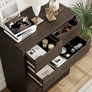 HOSTACK Modern 5 Drawer Dresser for Bedroom, Chest of Drawers with Storage, Wood Storage Chest Organizers with Cut-Out Handles, Accent Storage Cabinet for Living Room, Entryway, Hallway, Dark Brown