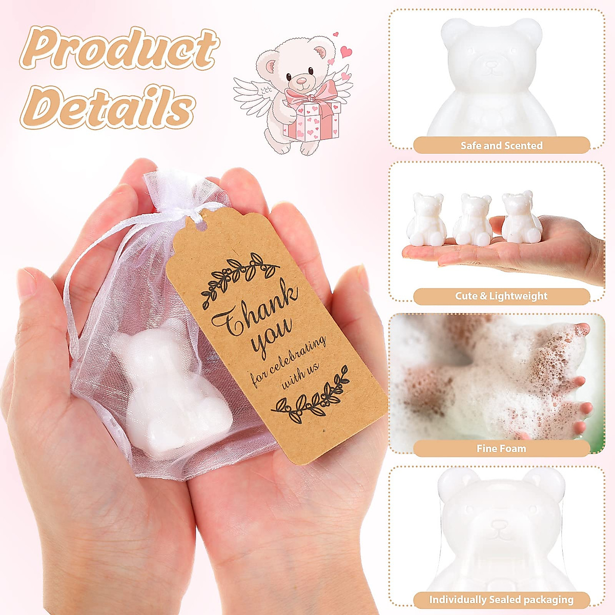 50 Pack Bear Soap Favors White Baby Shower Soap Favors with Thank You Cards and Packaging Bags for Boys Girls Kids Baby Shower Decoration Guest Gift Supplies