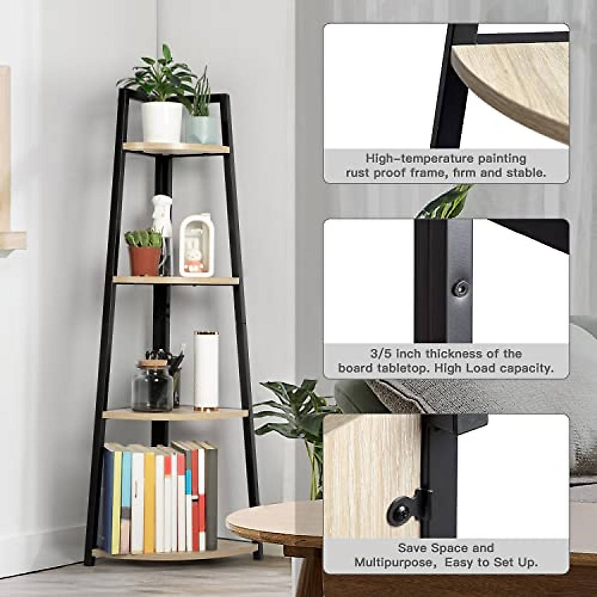 CIPACHO Corner Shelf Stand,4-Tier Corner Bookshelf, Industrial Ladder Shelf,Tall Corner Plant Stand Display Shelf for Living Room, Kitchen, Home Office