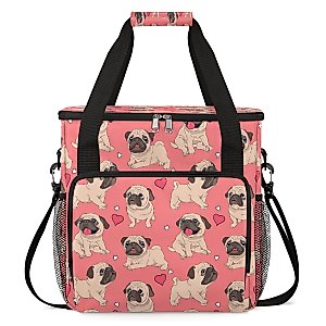 Cartoon Pugs Dogs Coffee Maker Carring Bag Pink Background Travel Carrying Tote Bag Compatible with Keurig K-Mini or K-Mini Plus Portable Single Serve Coffee Brewer Case with Pockets for K-cup Pods