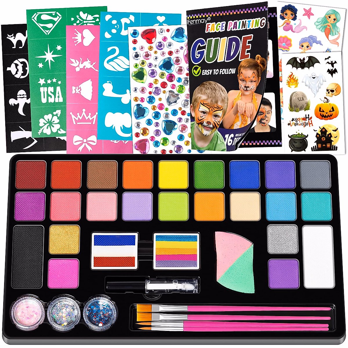 Fenmay Face Painting Kit for Kids, 24 Colors Washable Face Paint, Safe for Sensitive Skin, Non-Toxic Professional Face Painting Kit, Halloween Birthdays Makeup Set with Stencils, Guide Book