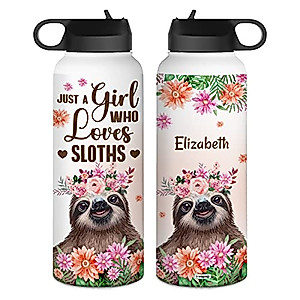 winorax Personalized Sloth Water Bottle Just A Girl Who Loves Sloths Stainless Steel Insulated Travel Cup Sports Bottle 12oz 18oz 32oz Gifts for Animal Lazy Sloths Lovers Women Kids