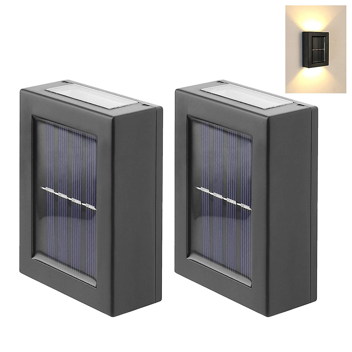 CALIDAKA 2 Pack LED Solar Wall Light, Up and Down Outdoor Security Wall Lamps, IP65 Waterproof Solar Outdoor Lights, Solar Fence Lights LED Solar Wall Lights for Home Garden Porch(Warm Light)