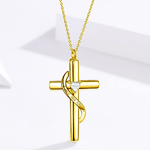 SOULMEET Crystal Cross Necklace for Ashes, Gold Plated Silver Birthstone April Cross Urn Necklace with 10K Gold Chain for Ashes Keepsake Cremation Jewelry for Pet Human Ashes