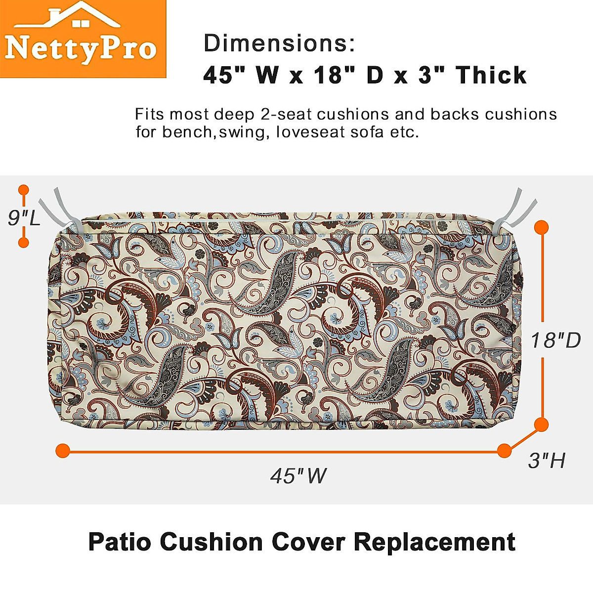 NettyPro Outdoor Patio Bench Swing Cushion Cover Replacement Water Resistant UV Protection Outside Loveseat Cushion Slipcovers with Zipper, 45 x 18 x 3 Inch