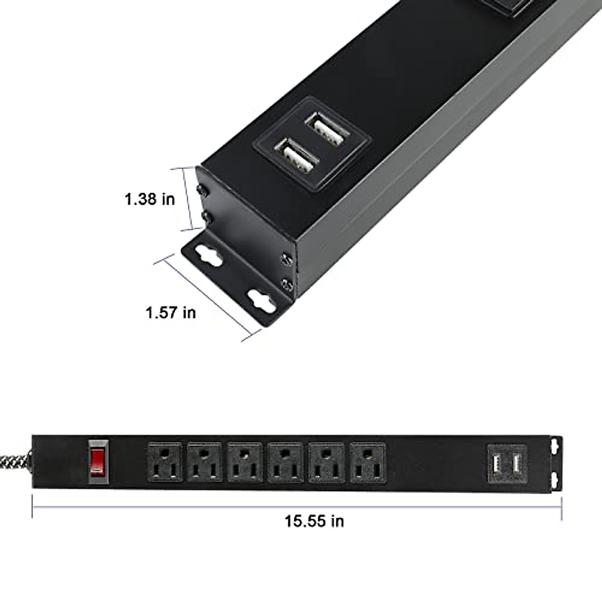 6 Outlet Surge Protector, Metal Power Board with USB Port, Wall Mount Power Board, 8 ft. Braided Extension Cord, 15A 125V 1875W…