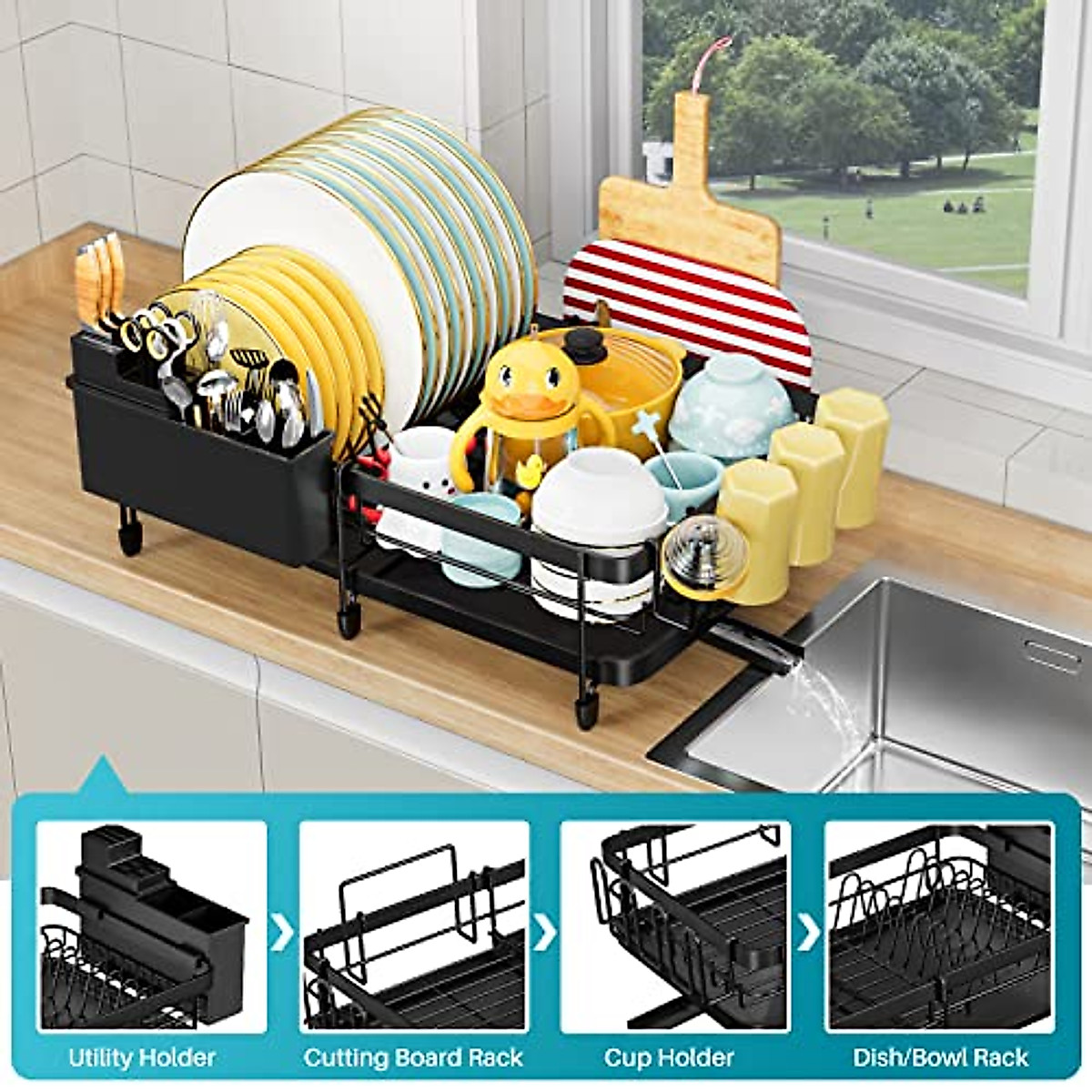 YKLSLH Expandable Dish Drying Rack Dish Racks for Kitchen Counter, Space Saving Dish Rack,Durable Kitchen Drying Rack with Drainboard, Glass Holder, Utensil Holder - Black