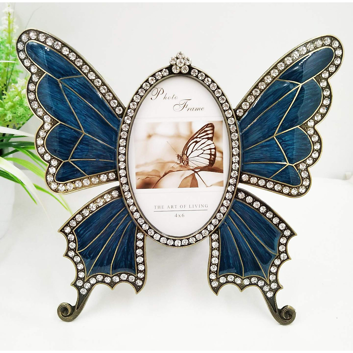 soofylia Retro Metal Butterfly Frame with Rhinestones Indigo Photo Frame 3.5 × 5 Room Decor Perfect for Wedding, Baby Birth Anniversary, Vacation, Graduation, Housewarming or any Memorable Photos