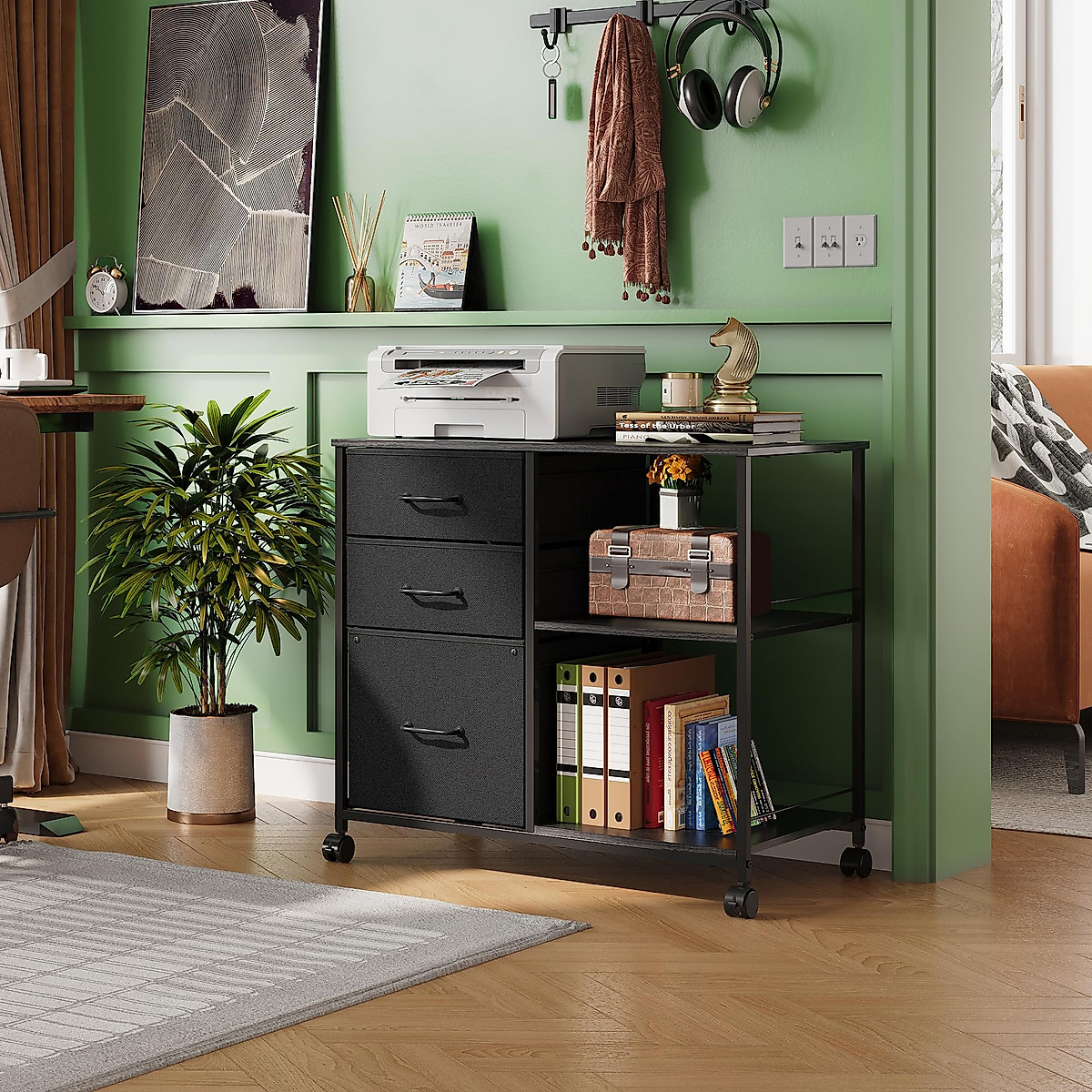 DEVAISE 3 Drawer Mobile File Cabinet, Rolling Printer Stand with Open Storage Shelf, Fabric Lateral Filing Cabinet fits A4 or Letter Size for Home Office, Black