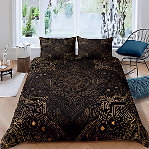 Erosebridal Bohemian Comforter Cover Golden Mandala Duvet Cover Set Paisley Floral Bedding Set For Kids Boys Girls Exotic Tribal Boho Bedclothes With 2 Pillow Cases Queen Size Bedroom Decor Gold Black