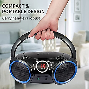 SINGING WOOD 030C Portable CD Player Boombox with AM FM Stereo Radio, Aux Line in, Headphone Jack, Supported AC or Battery Powered (Black with a Touch of Blue Rims)