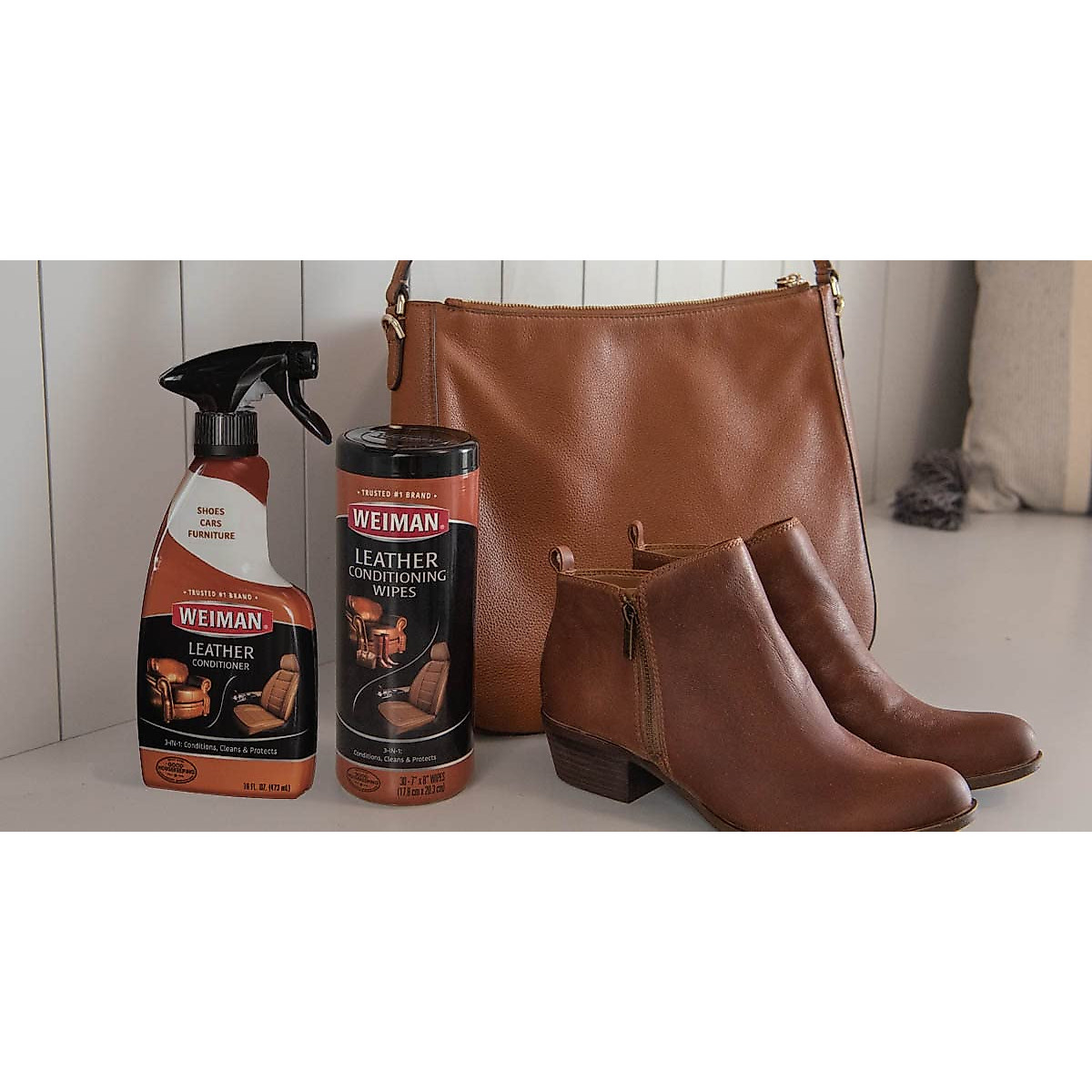 Weiman Leather Cleaner, Polish and Conditioner for Furniture, Car, Purses, Shoes, Boots and Couches- Micro Fiber Towel Included, 22oz
