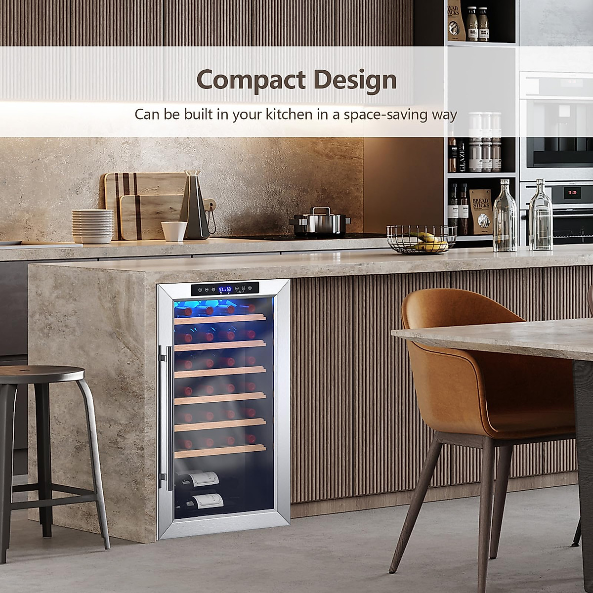 KOTEK 33 Bottle Wine Fridge, Freestanding or Under Counter Wine Cellar w/Wooden Removable Shelves for Red, White & Champagne, 41-64.5°F Digital Temperature Control, Wine Cooler Refrigerator for Home