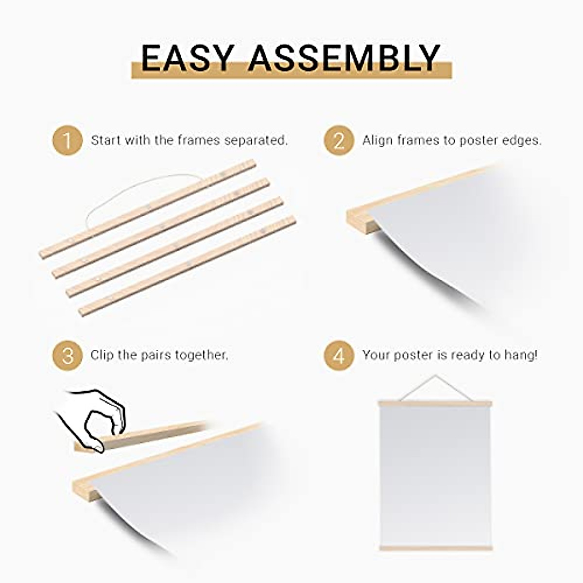 PosterMate Magnetic Poster Frame Hanger, 16 inch, 20 inch, 24 inch, Birchwood, Hang Canvas Print Artwork Wall Poster Frame Wood Wooden Magnet Print Posters Dowel Scroll Hanger Hangers Hanging Kit for Walls Map Canvas Artwork