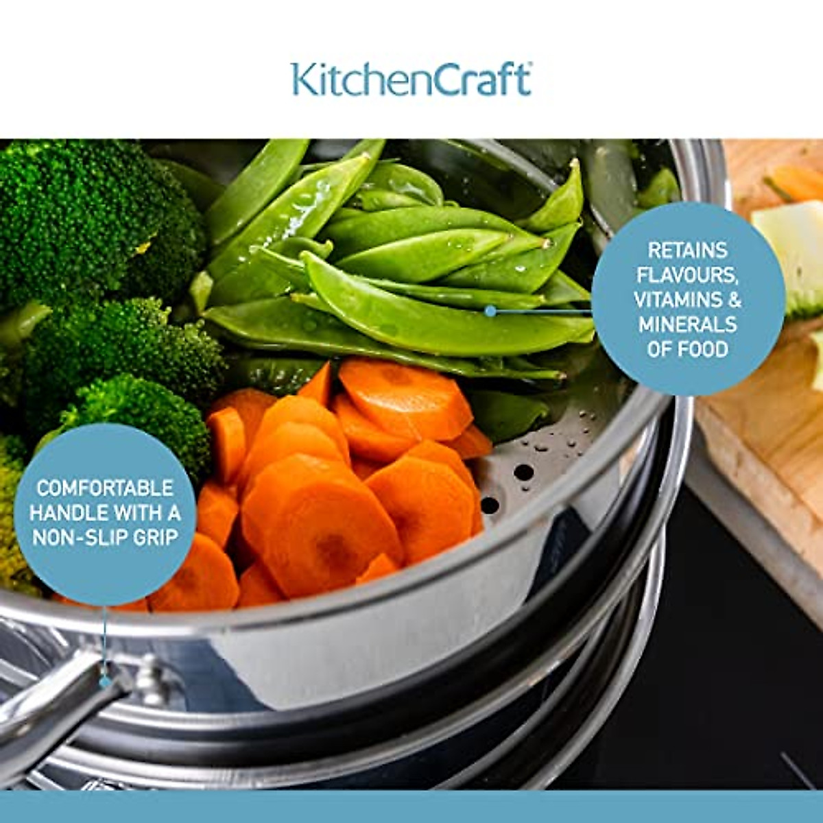 KitchenCraft KCCVSTEAM16 3 Tier Food Steamer Pan/Stock Pot in Gift Box, Induction Safe, Stainless Steel, 16 cm