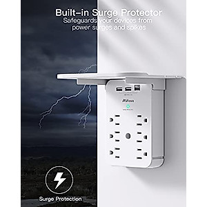 Wall Outlet Extender - Surge Protector 6 AC Outlets Multi Plug Outlet with Shelf, 2 USB and USB C Charging Ports Wall Plug Expander, USB Wall Charger Outlet Splitter for Home Dorm