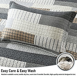 Finlonte Quilt Queen Size 100% Cotton Queen Size Quilts Grey Black Brown Bedspreads Plaid Quilts Lightweight Soft Breathable Bedding Sets for All Season, 3 Piece