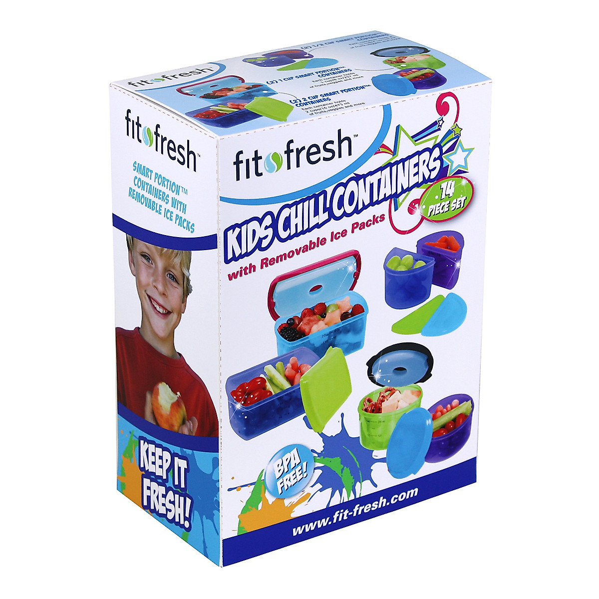 Fit & Fresh Kids' Reusable Lunch Box Container Set with Built-In Ice Packs, 14-Piece Healthy Lunch and Snack Kit, BPA-Free Microwave Safe, Portion Control