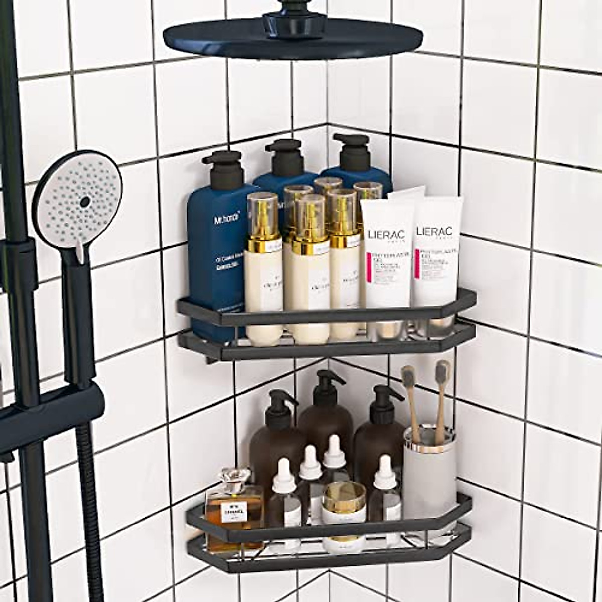 PINNIYOU 2-Pack Corner Shower Caddy, Wall Mounted Bathroom Shelf with Adhesive and 4 Hooks, Storage Organizer for Toilet, Dorm and Kitchen (Black)